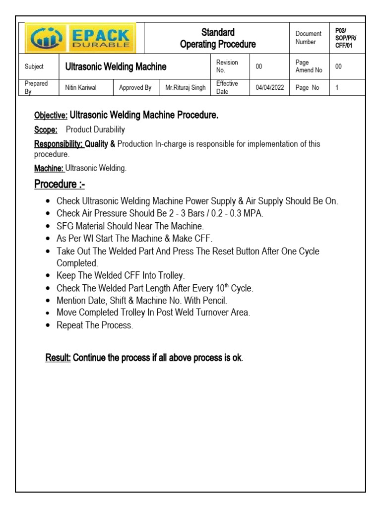 SOP Ultrasonic Welding Machine | PDF | Technology & Engineering