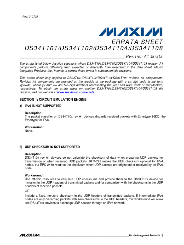 Errata Sheet DS34T101/DS34T102/DS34T104/DS34T108 | PDF