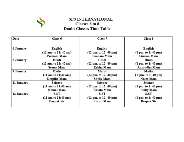 Class 6 To 8 Doubt Classes Time Table | PDF