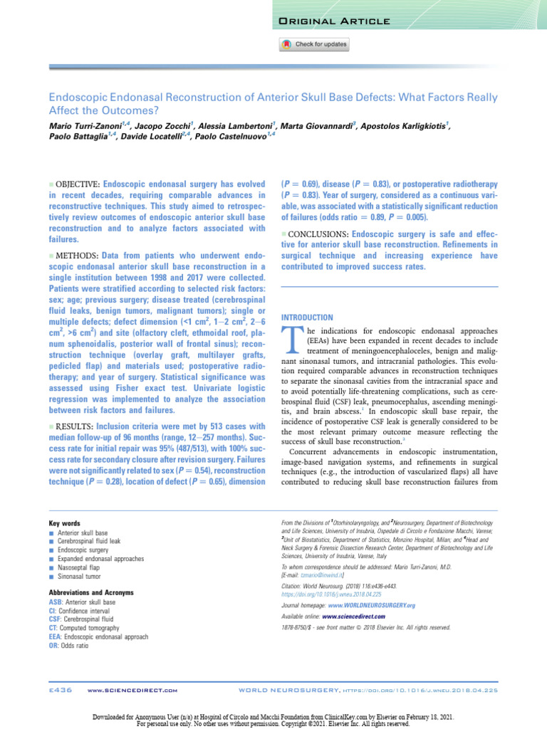 Endoscopic Endonasal Reconstruction of Anterior Skull Base Defects What Factors Really Affect ...