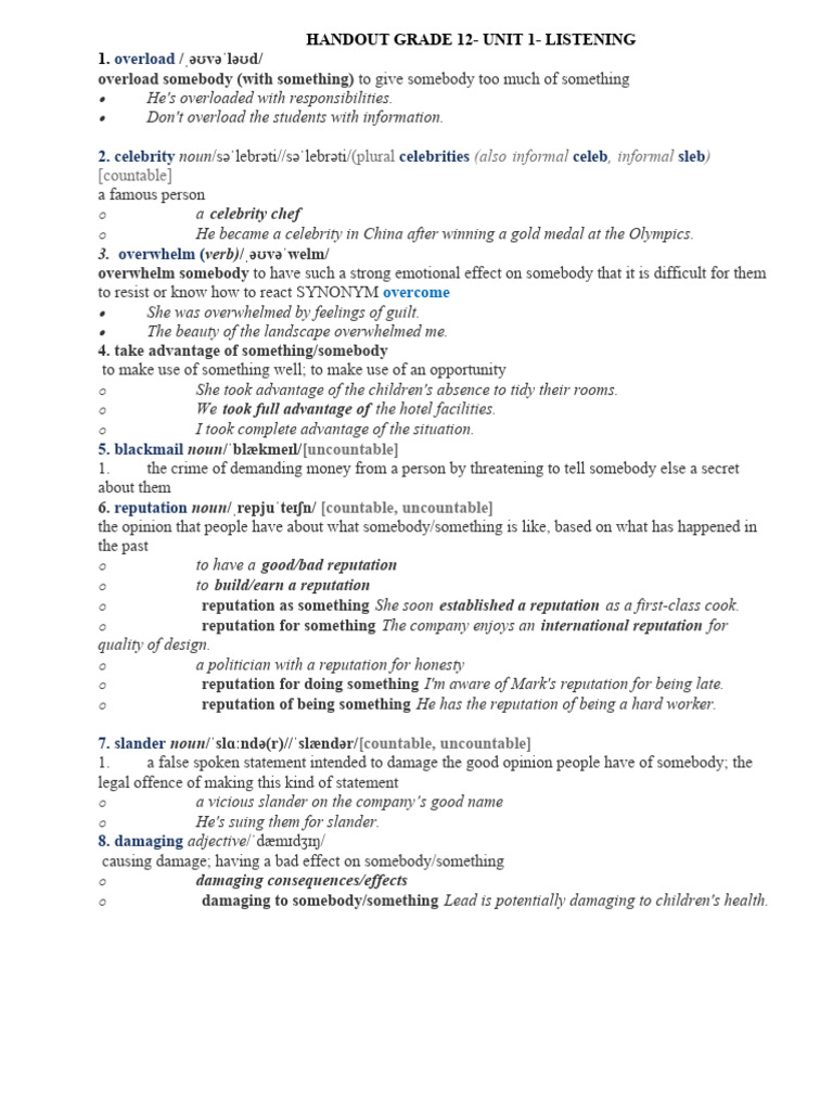Handout Grade 12 Unit 1 Listening PDF