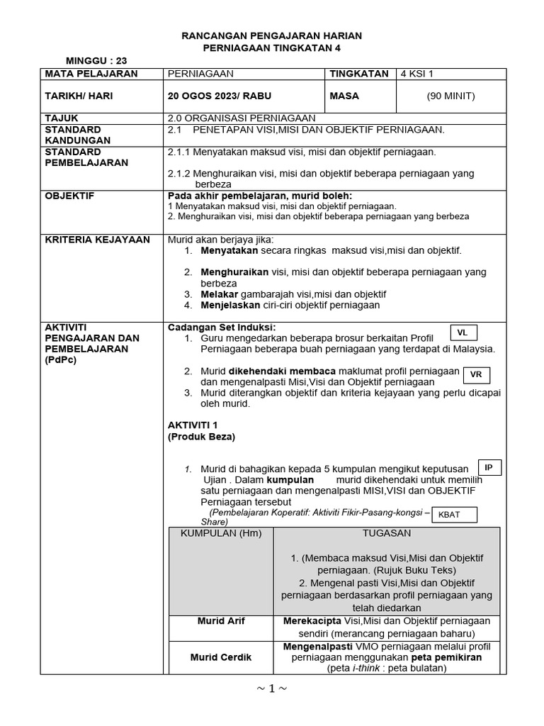 RPH Perniagaan Pedagogi Terbeza | PDF