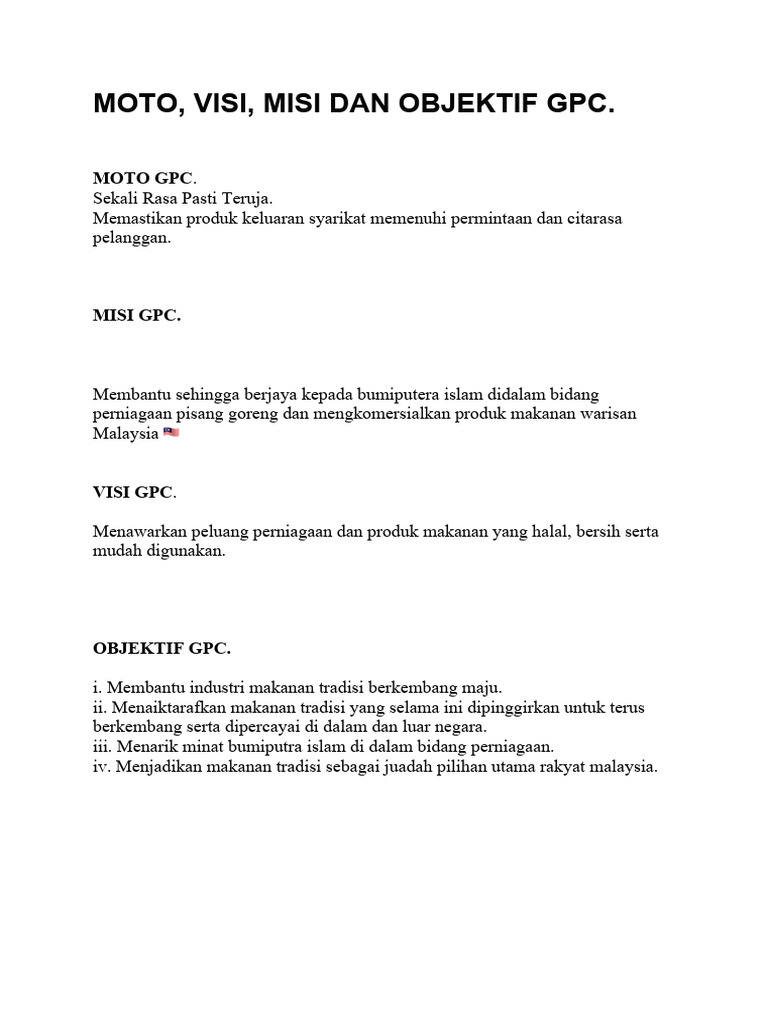 Moto, Visi, Misi Dan Objektif GPC | PDF