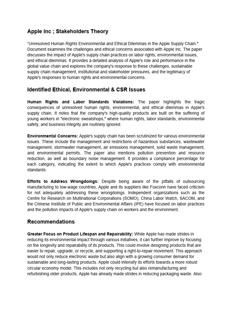 Apple Inc ; Stakeholders Theory (1) | PDF