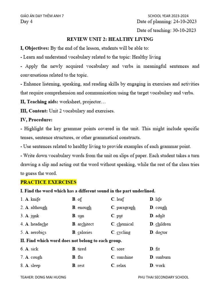Review Unit 2: Healthy Living I, Objectives: by The End of The Lesson ...