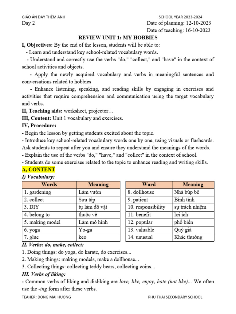 Lesson Plan: My Hobbies Unit 1 | PDF