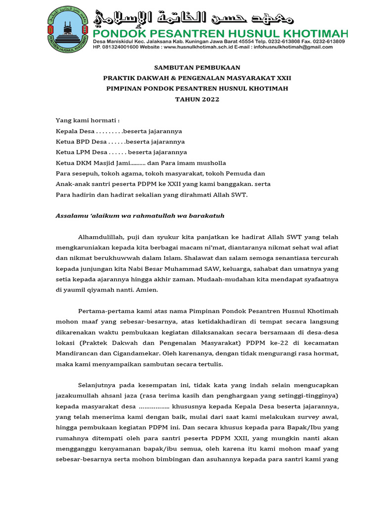 Sambutan Pembukaan Tertulis Mudir PDPM Xxii 2022 | PDF