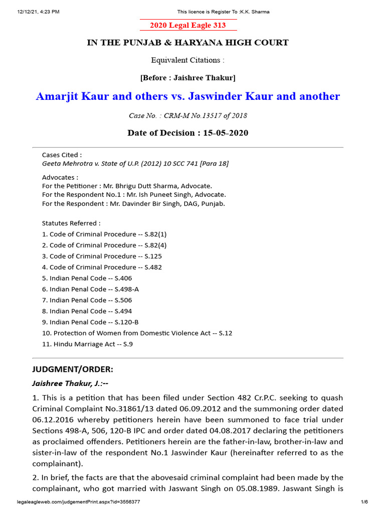 Amarjit Kaur & Ors Vs Jaswant Kaur & Anr | PDF