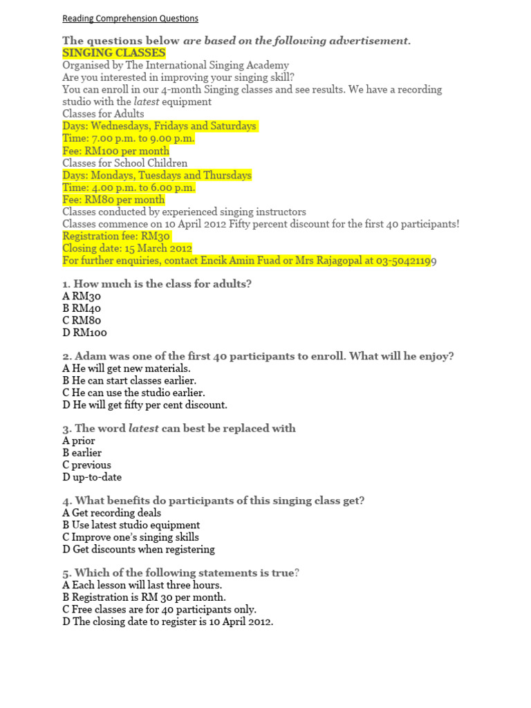 comprehension questions - multipal choice 3 | PDF