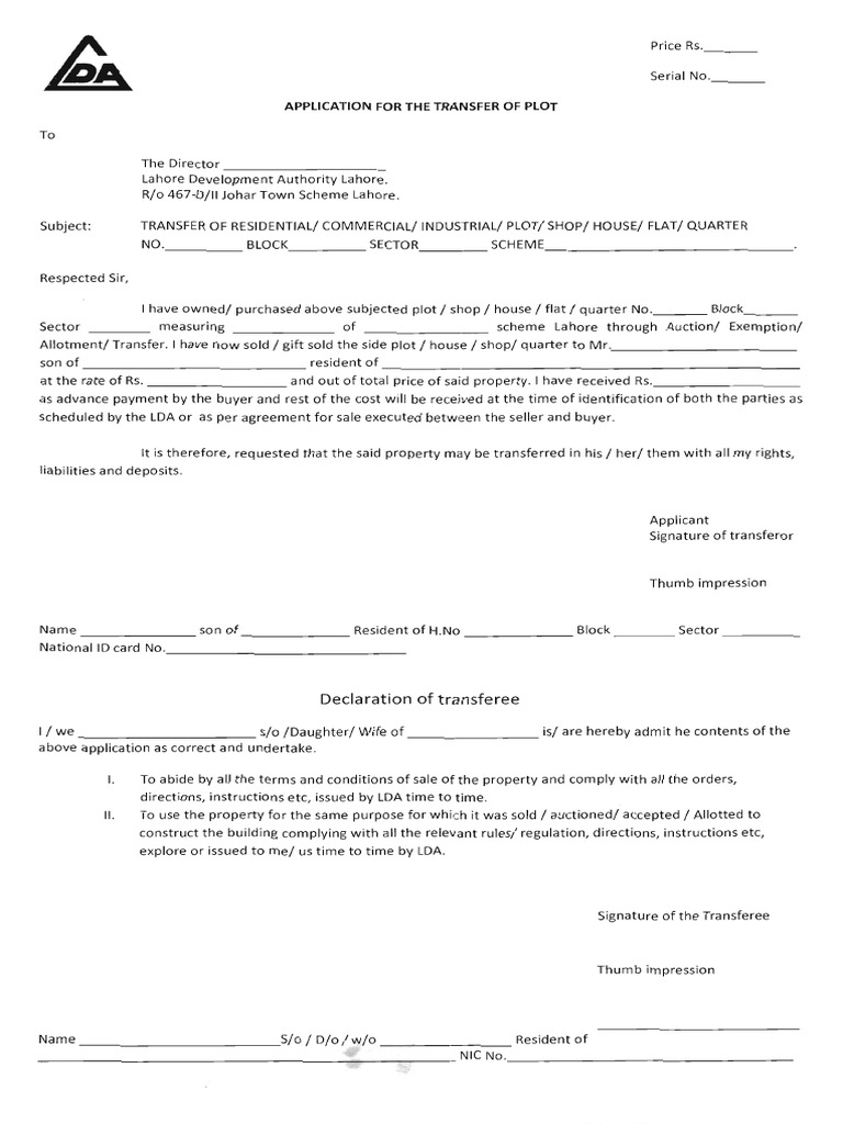 Application For Transfer of Plots | PDF