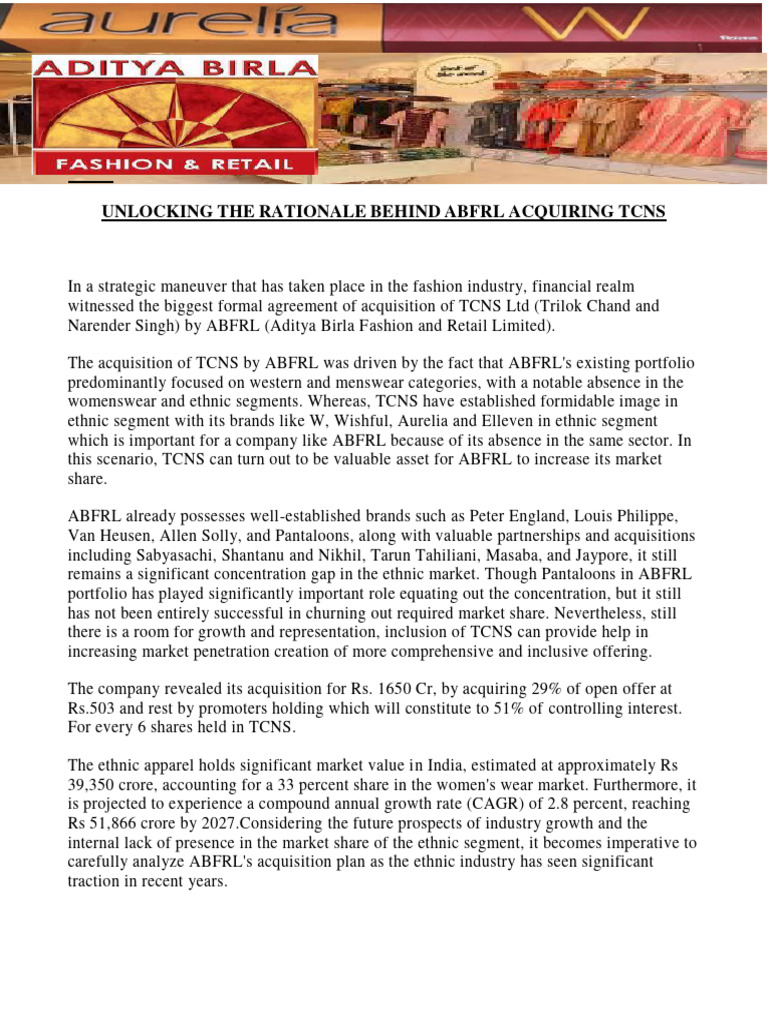Unlocking The Rational Behind Abfrl Acquiring TCNS | PDF
