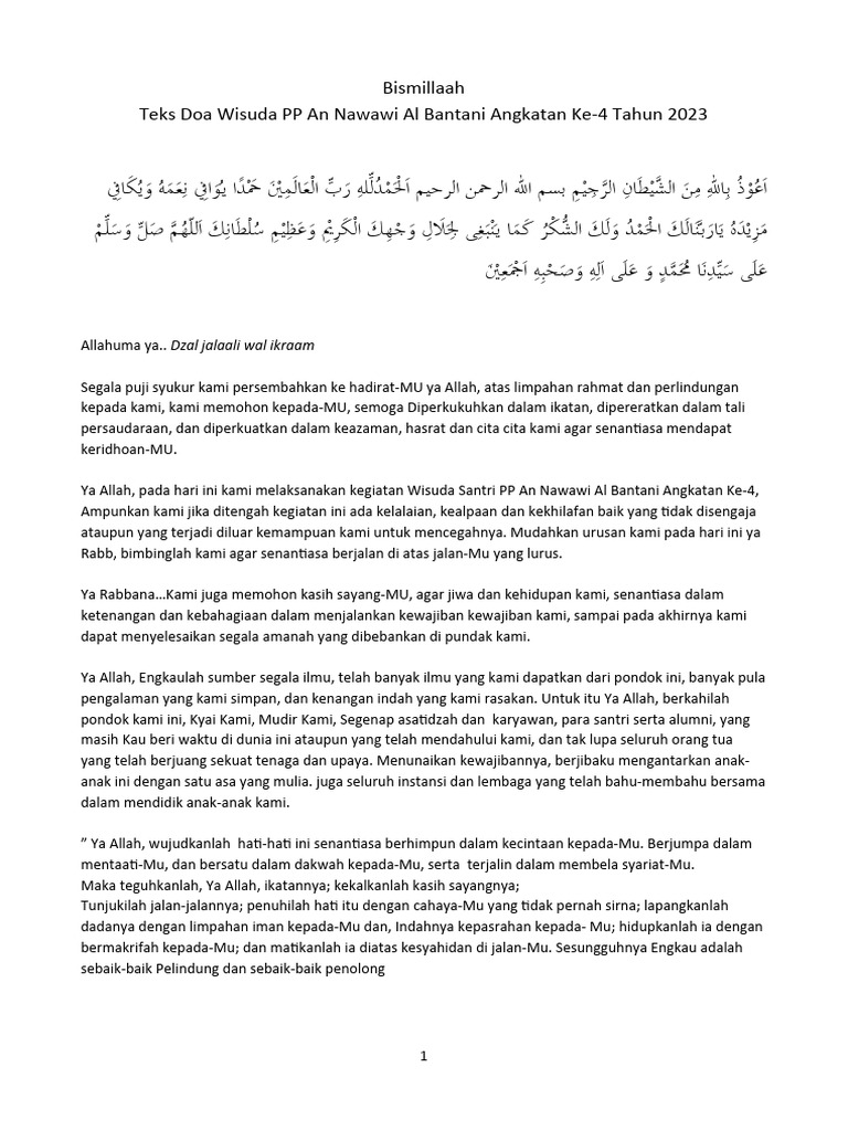 Doa Wisuda PP An Nawawi 2023 | PDF