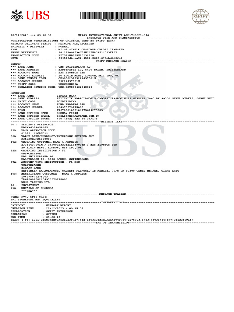 Mt103-Ubs-Ziraat Bank-1 - 231230 - 030330 | PDF