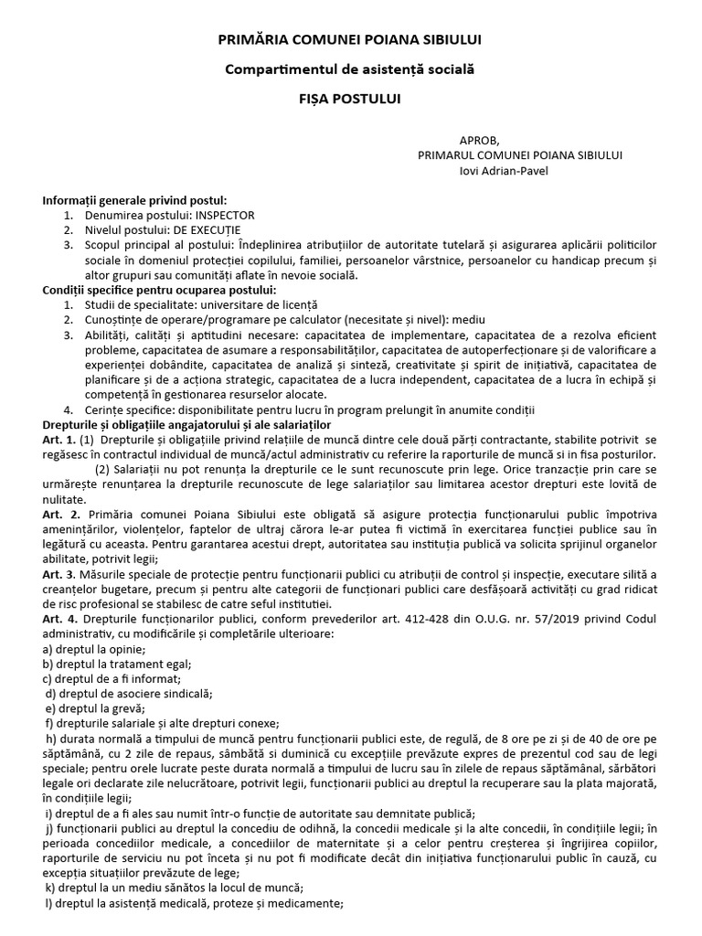 Fisa Post Asistent Social | PDF