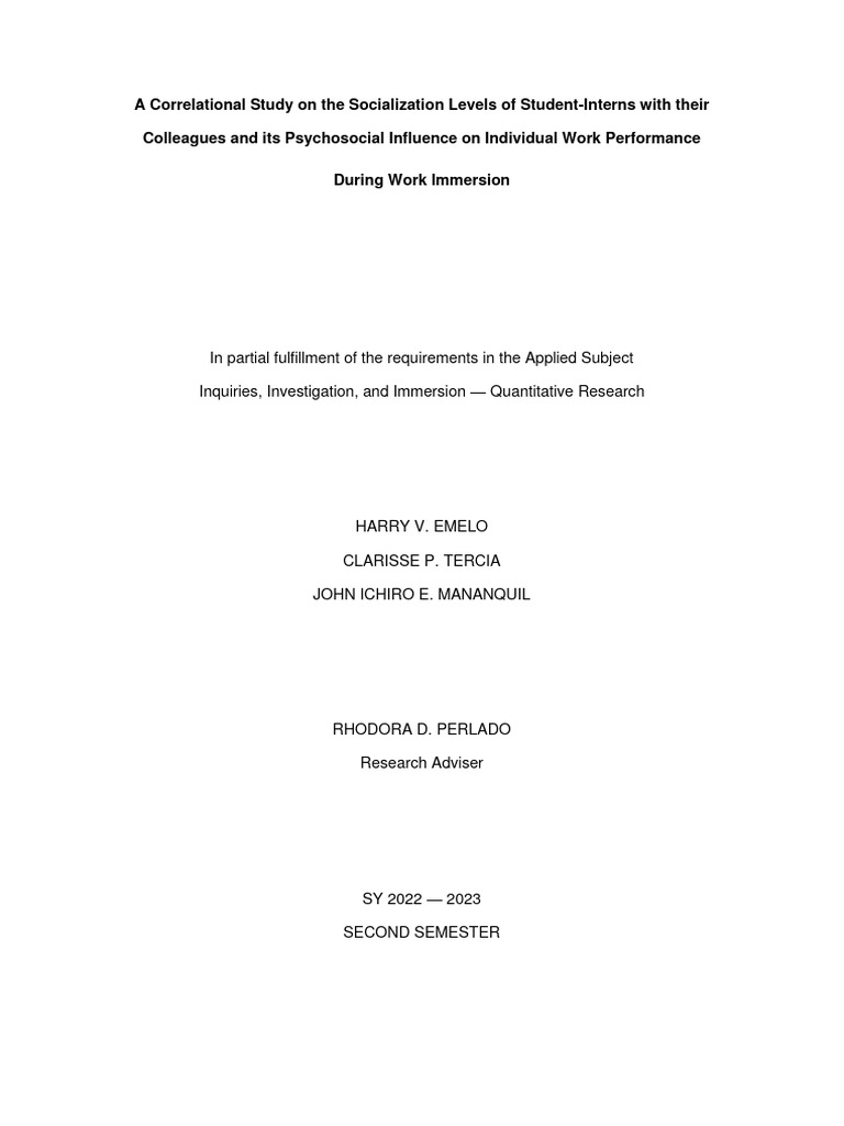 Nce On Individual Work Performance During Work Immersion 1 | PDF