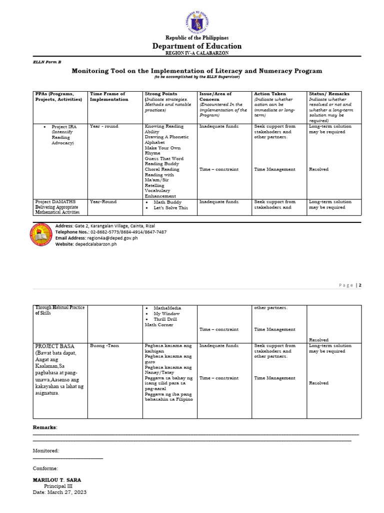 Monitoring-Tool-ELLN-Form-B BULI ES | PDF