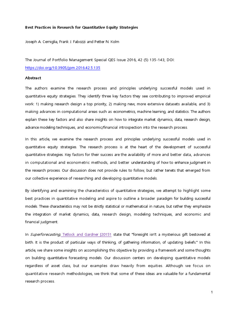 004 - Best Practices in Research For Quantitative Equity Strategies | PDF