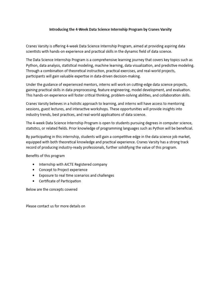 Data Science Internship Program by Cranes Varsity | PDF