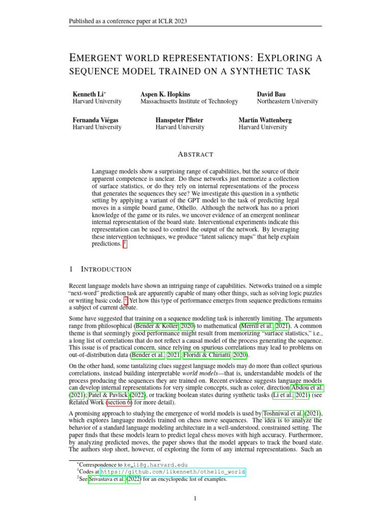 Emergent World Representations - Exploring A Sequence Model Trained On A Synthetic Task | PDF ...