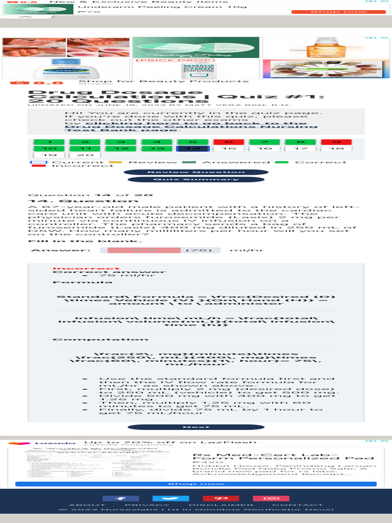 Drug Dosage Calculations Quiz #1 | PDF | Dose (Biochemistry) | Chemistry