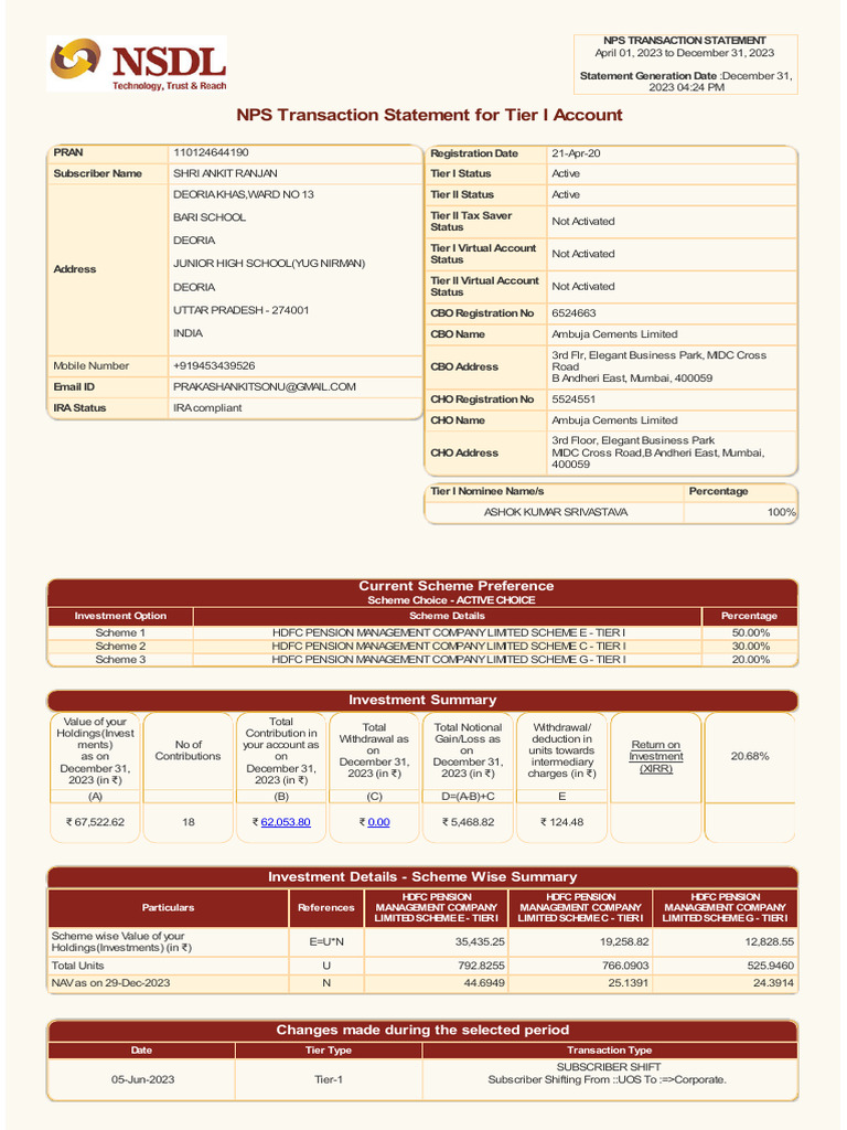 NPS Transaction Statement For Tier I Account: Current Scheme Preference ...