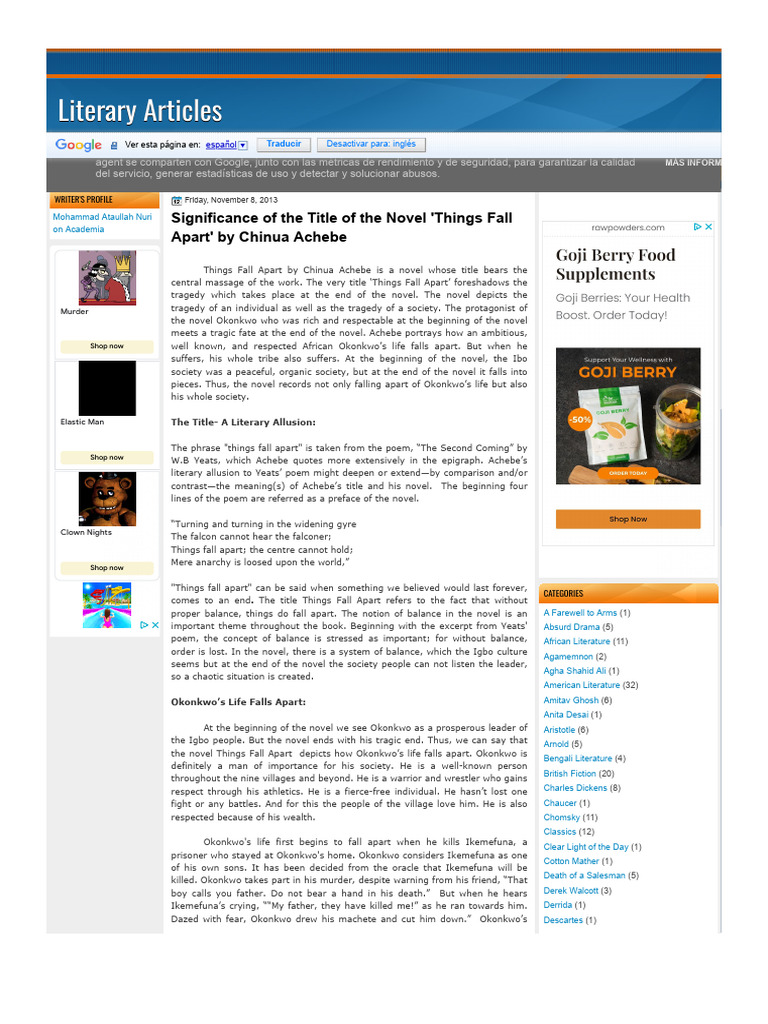 Significance of The Title of The Novel 'Things Fall Apart' by Chinua ...