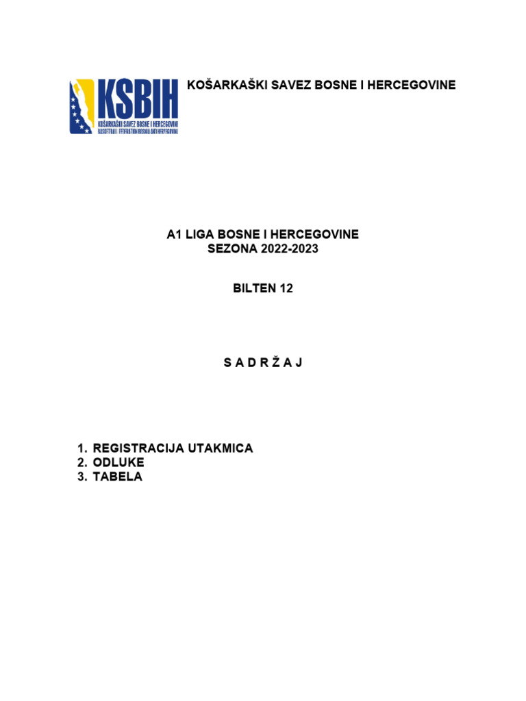 Bilten Br. 12 - A1 Liga Sezona 2022-2023 | PDF