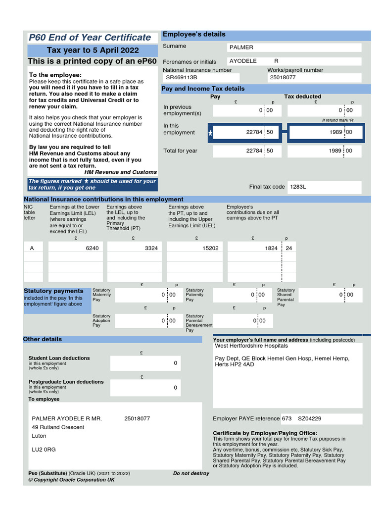 P60 End of Year Certificate: Tax Year To 5 April 2022 This Is A Printed Copy of An Ep60 | PDF