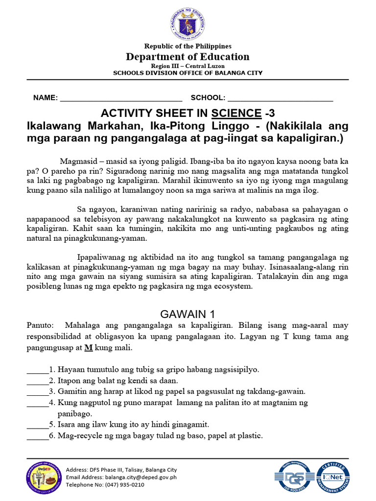 Activity Sheets in Science 3 2nd Quarter Week 7 S3LT III J 16 Alice ...