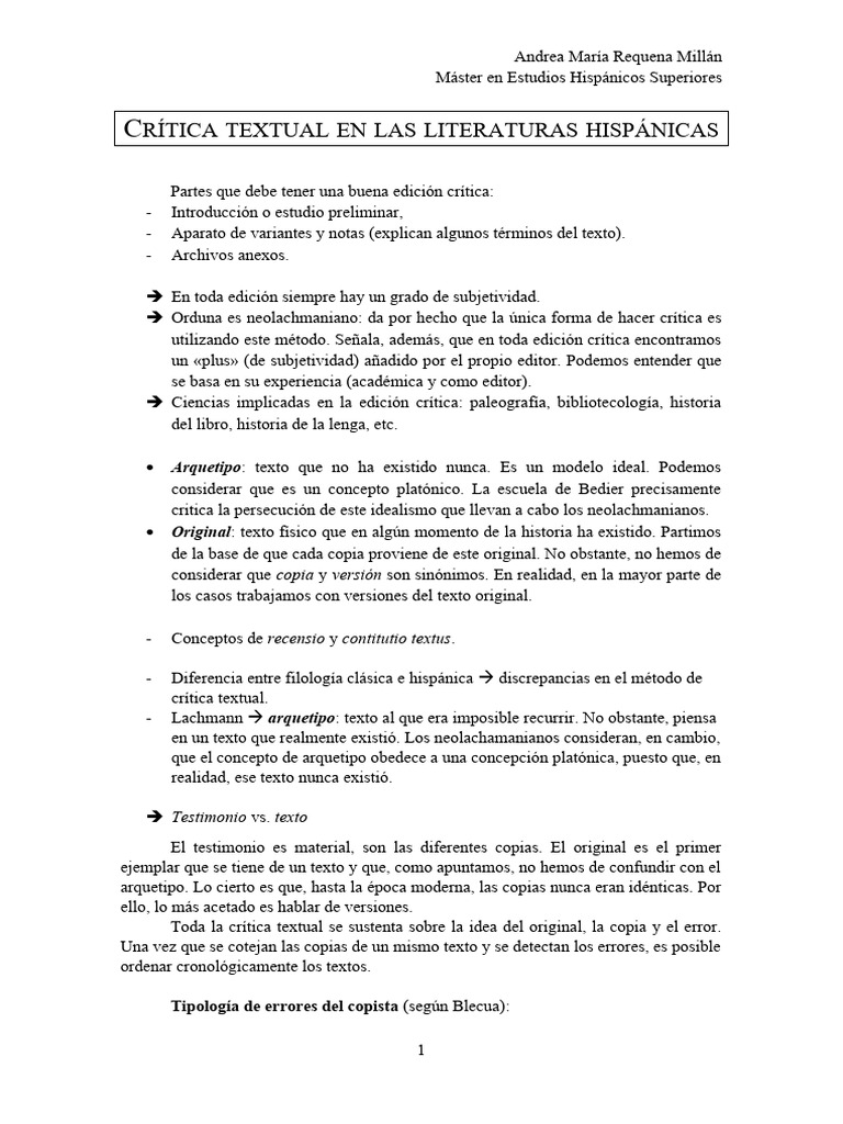 Crítica Textual en Las Literaturas Hispánicas | PDF