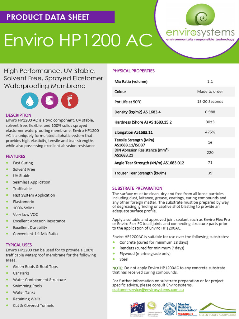 Enviro HP1200 AC Envirosystems Product Data Sheet | PDF