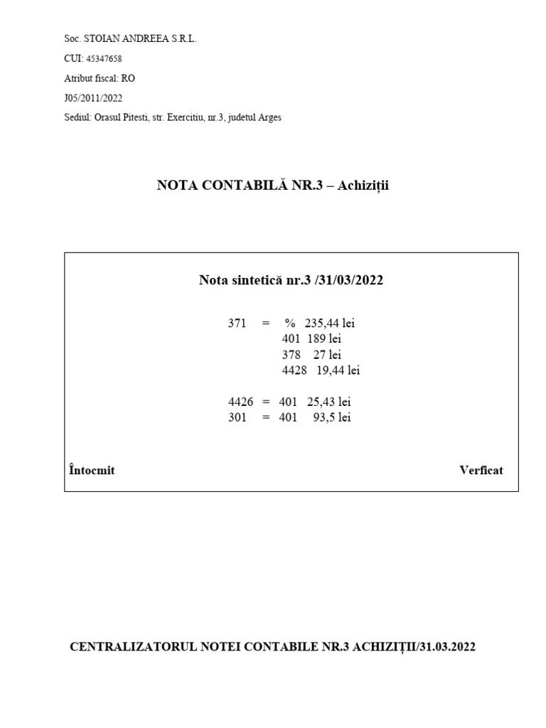Centralizator Nota Contabila nr.3 | PDF