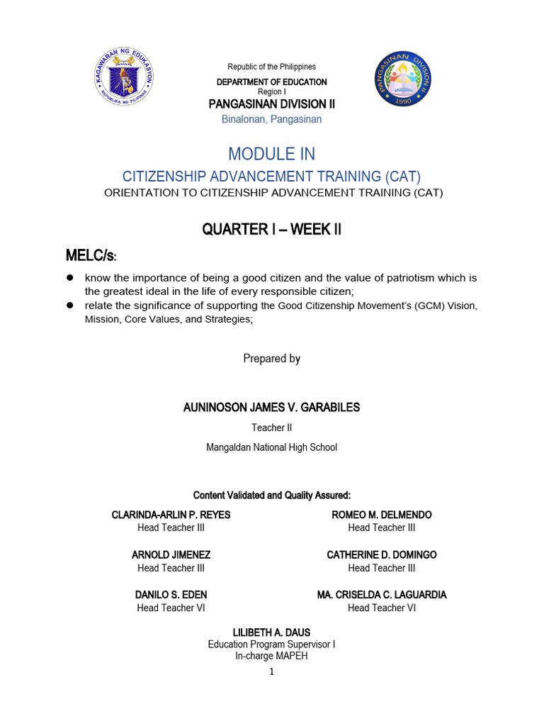 CAT Module Q1 Week 2 Good Citizenship Mission Vision Patriotism | PDF