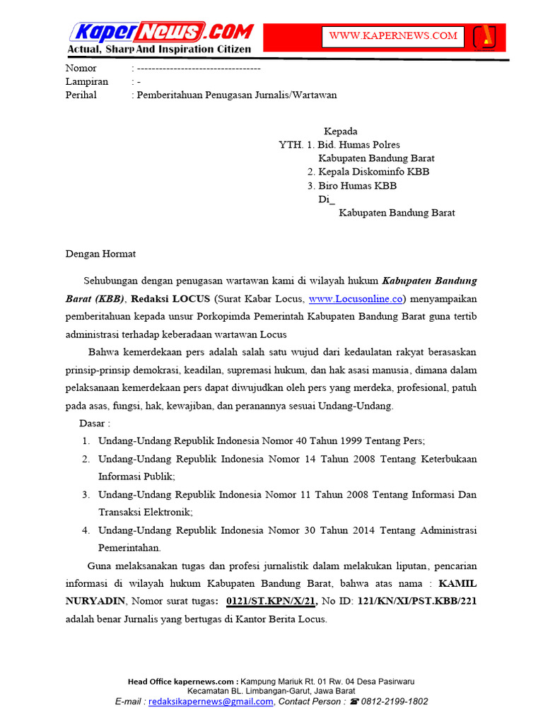 Contoh Surat Pemberitahuan Wartawan | PDF