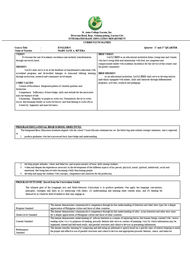 OBE Sample Syllabus English 8 2022 2023 1st and 2nd 2-2-23 | PDF ...