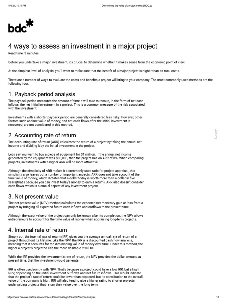 Determining The Value of A Major Project - BDC - Ca | PDF | Net Present Value | Internal Rate Of ...