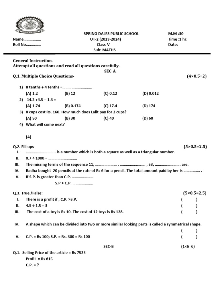 UT2-Class 5 Maths | PDF | Mathematics