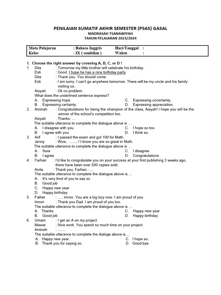 Soal B. Inggris Kelas 9 2023 | PDF