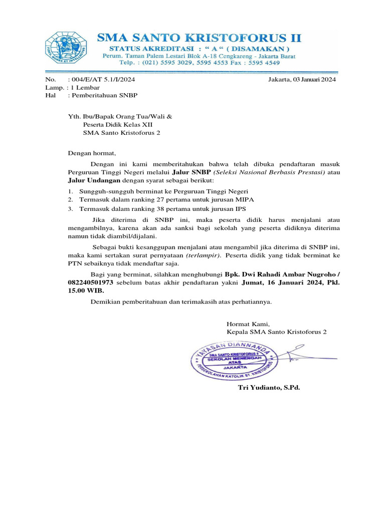 No. 004 Surat Pemberitahuan SNBP | PDF