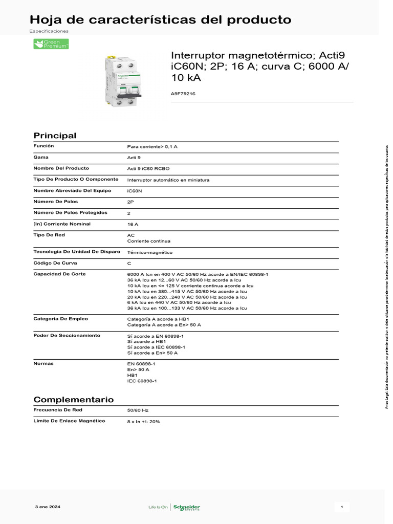 Interruptor Acti9 iC60 16A Schneider | PDF | Residuos | Ingenieria ...