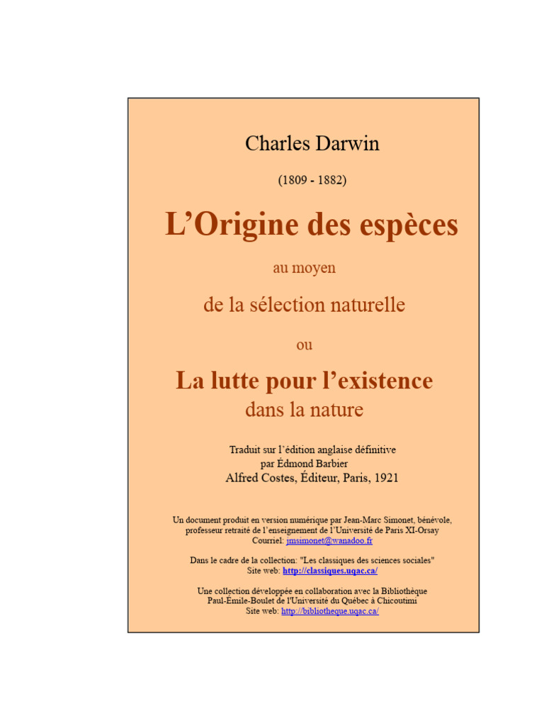 Charles Darwin - L'Origine Des Especes | PDF
