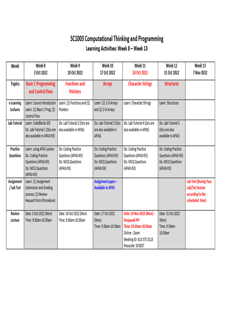 SC1003 2022-23 Sem 1 - Learning Schedule | PDF