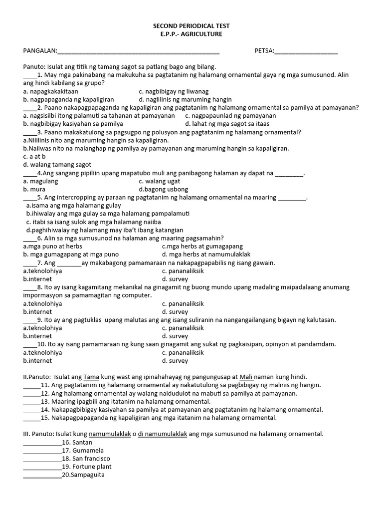 EPP Agriculture Summative Test 1 5 and Periodic Test With TOS | PDF
