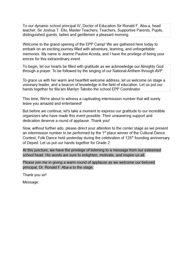 EPP Camp Emcee Script | PDF