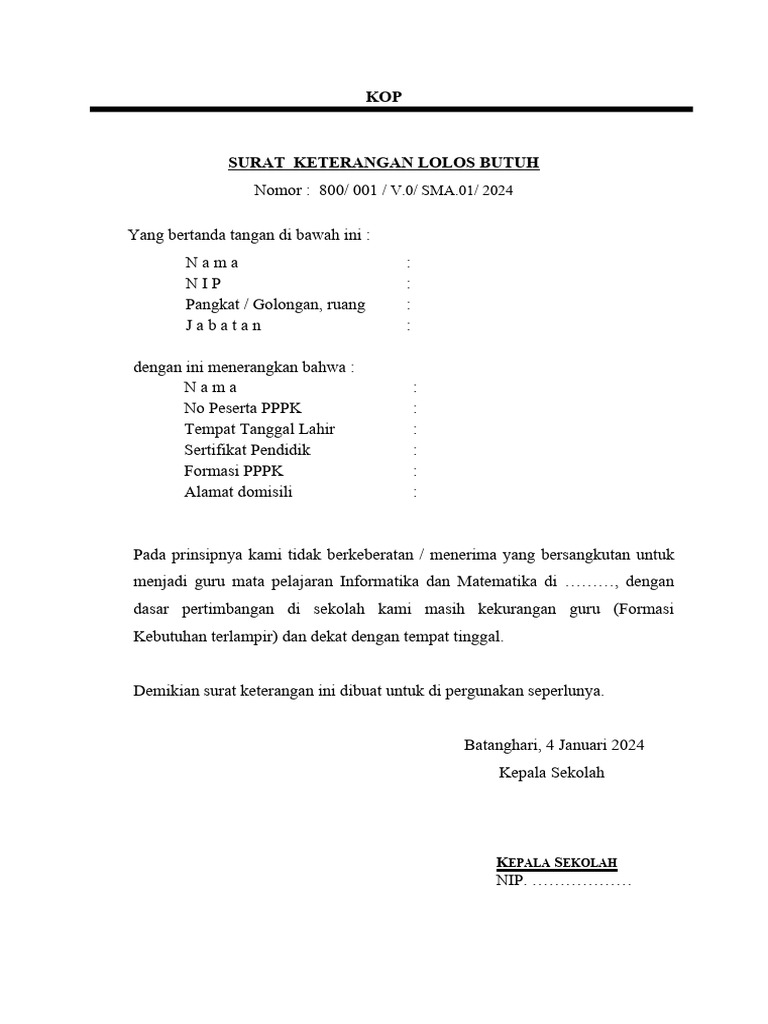 Surat Lolos Butuh P3K | PDF