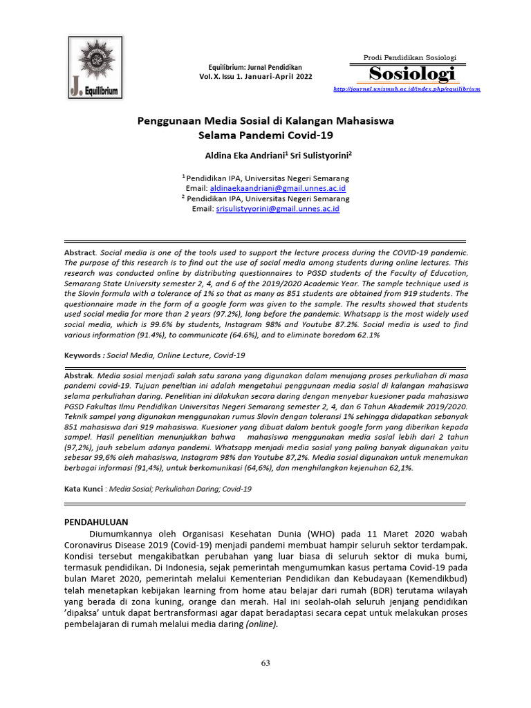 Penggunaan Media Sosial Di Kalangan Mahasiswa Selama Pandemi Covid-19 - ALDINA EKA ANDRIANI ...