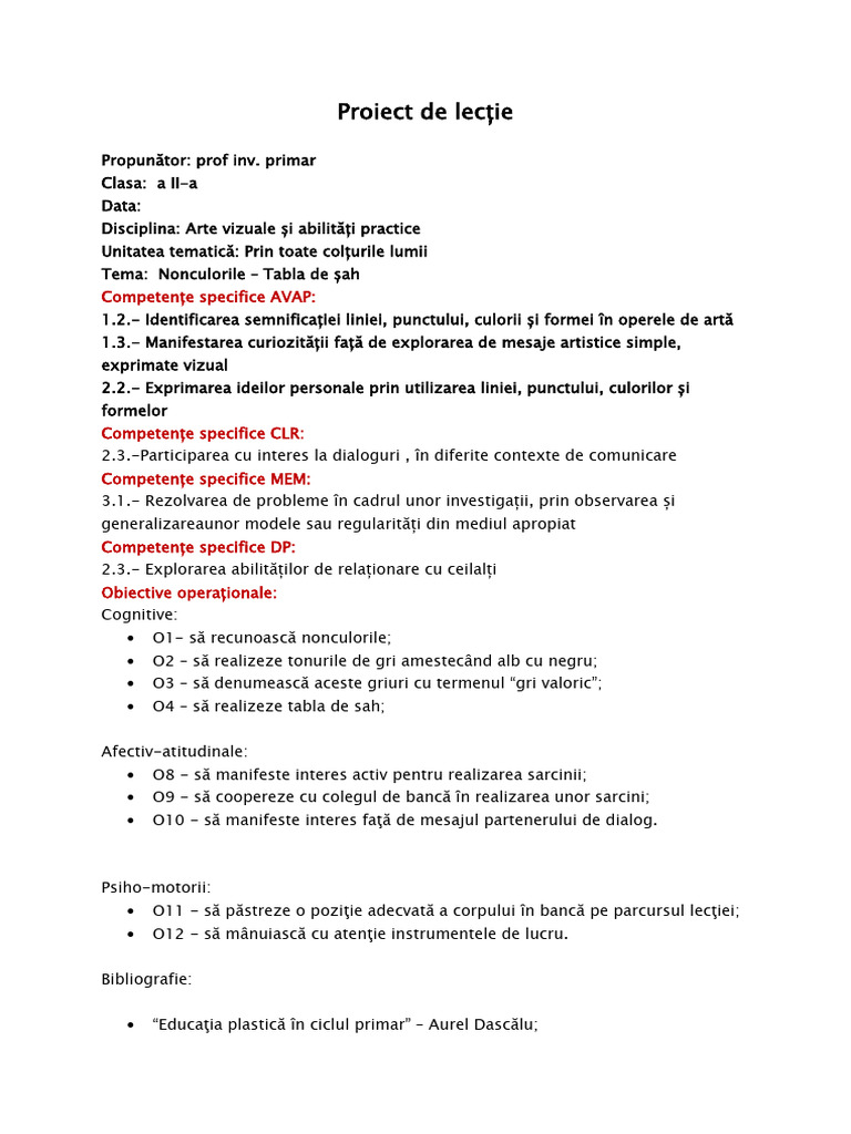 Proiect de lecție-AVAP - Tabla de Sah | PDF