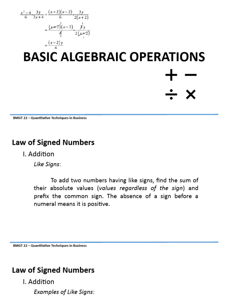 Basic Algebraic Operations: BMGT 22 - Quantitative Techniques in Business | PDF | Mathematics ...