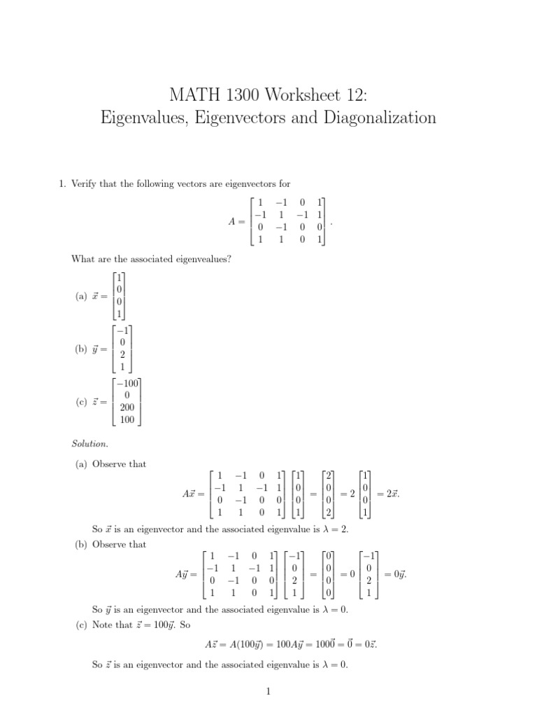 Worksheet12 Sol | PDF | Eigenvalues And Eigenvectors | Matrix (Mathematics)