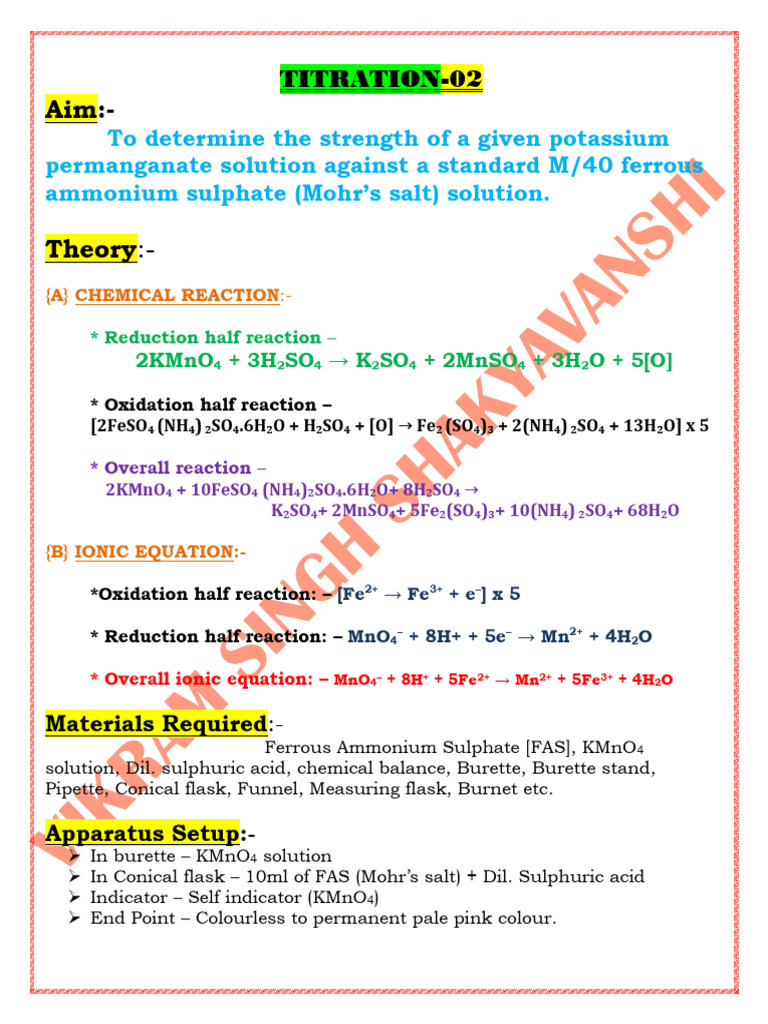 Potassium Permanganate Titration Guide | PDF | Science & Mathematics ...